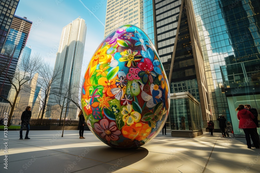 large, brightly decorated Easter egg is displayed outside in an urban ...