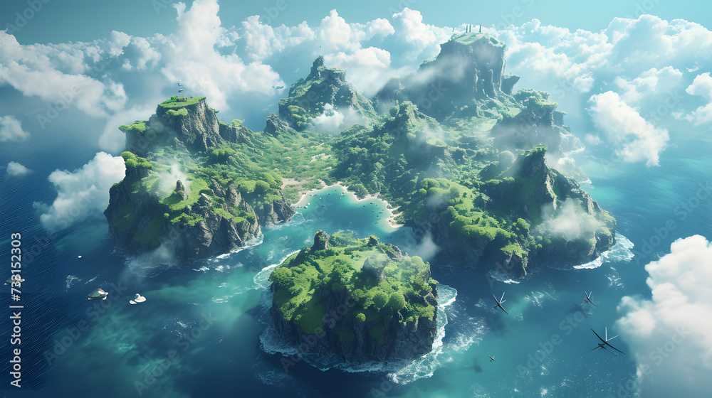 Floating archipelago with aerial battles between islands, video game ...