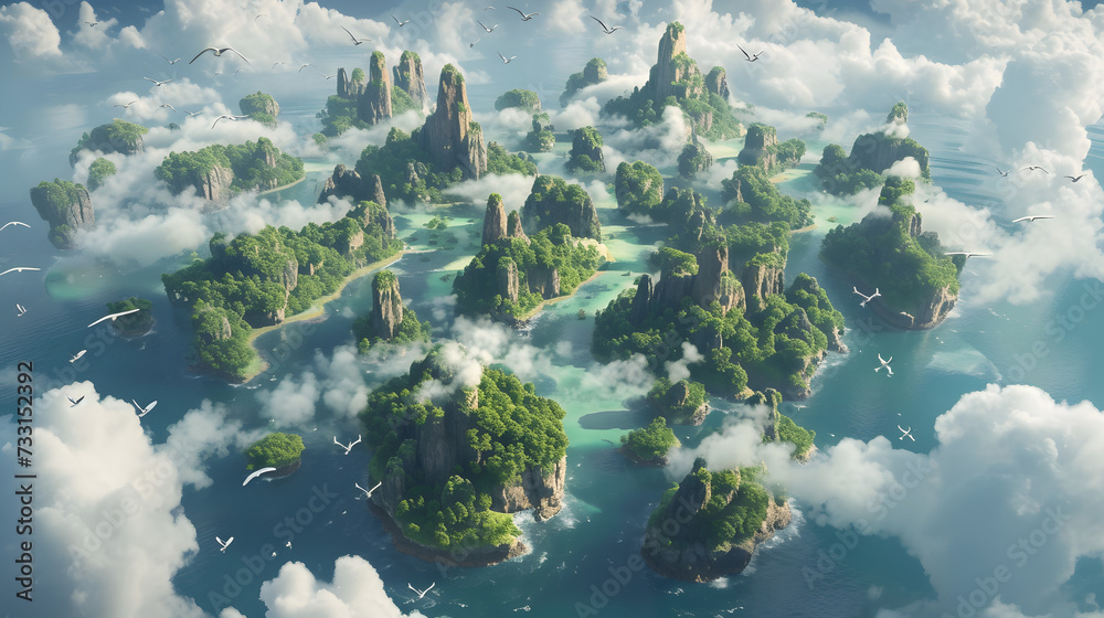 Floating archipelago with aerial battles between islands, video game ...