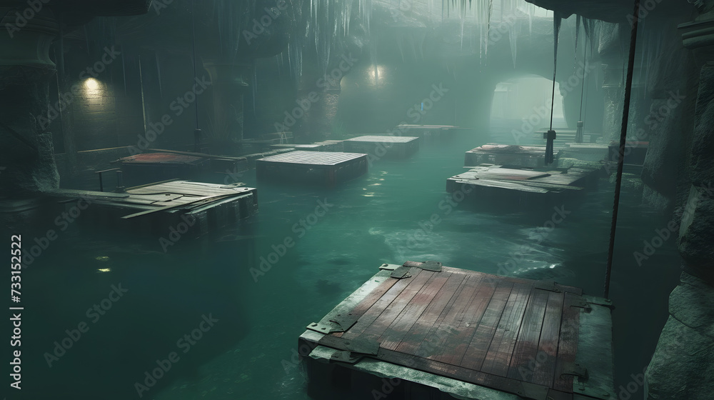 Subterranean river with floating platforms, video game, concept art ...
