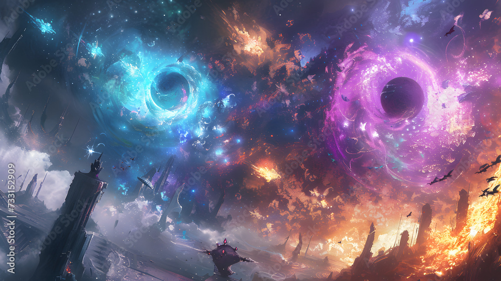 Elemental convergence zone with chaotic magic, video game, concept art ...