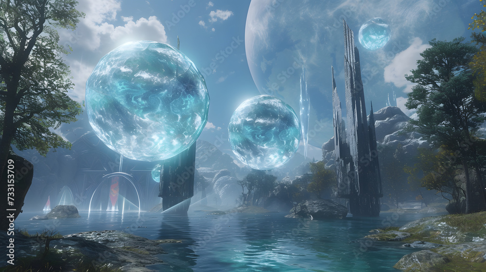 Giant floating orbs emitting different elemental powers, video game ...