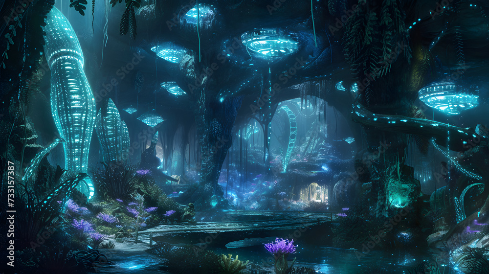 Subterranean city with bioluminescent flora, video game, concept art ...