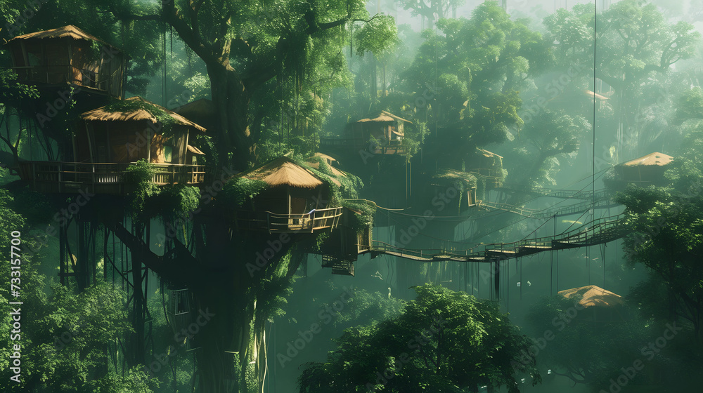 Tree city built within the branches of a colossal tree, video game ...