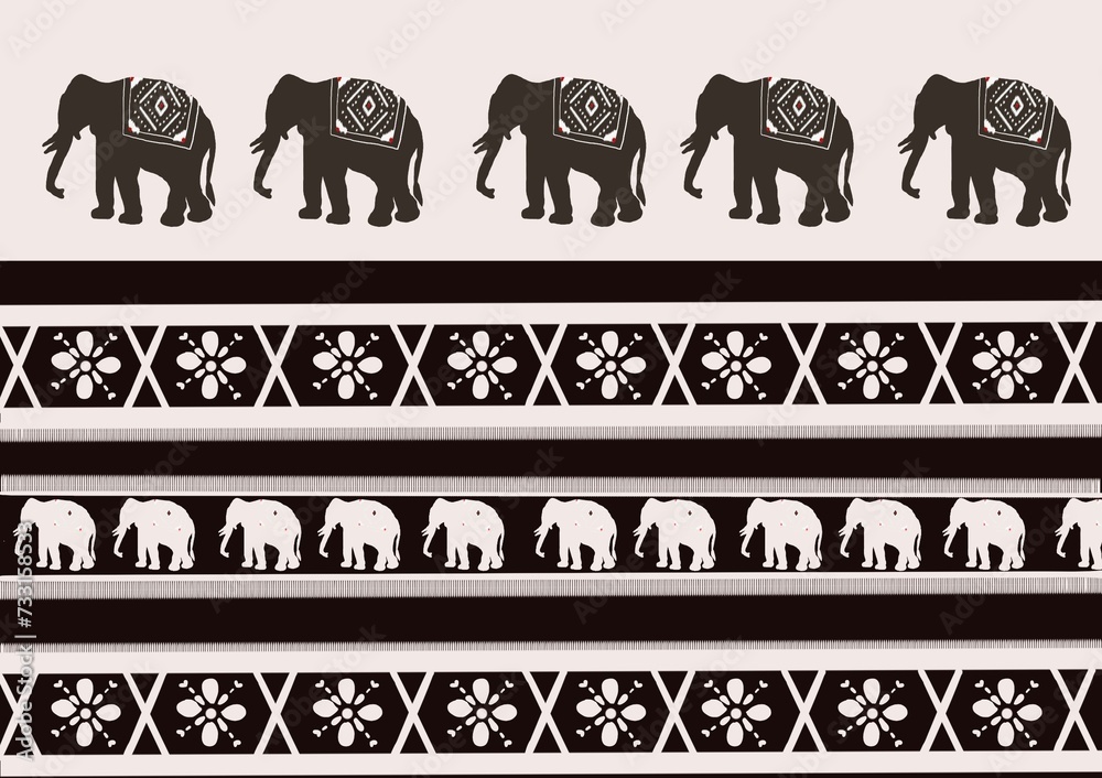 South East Asia elephant batik ethnic seamless pattern. Black and white ...
