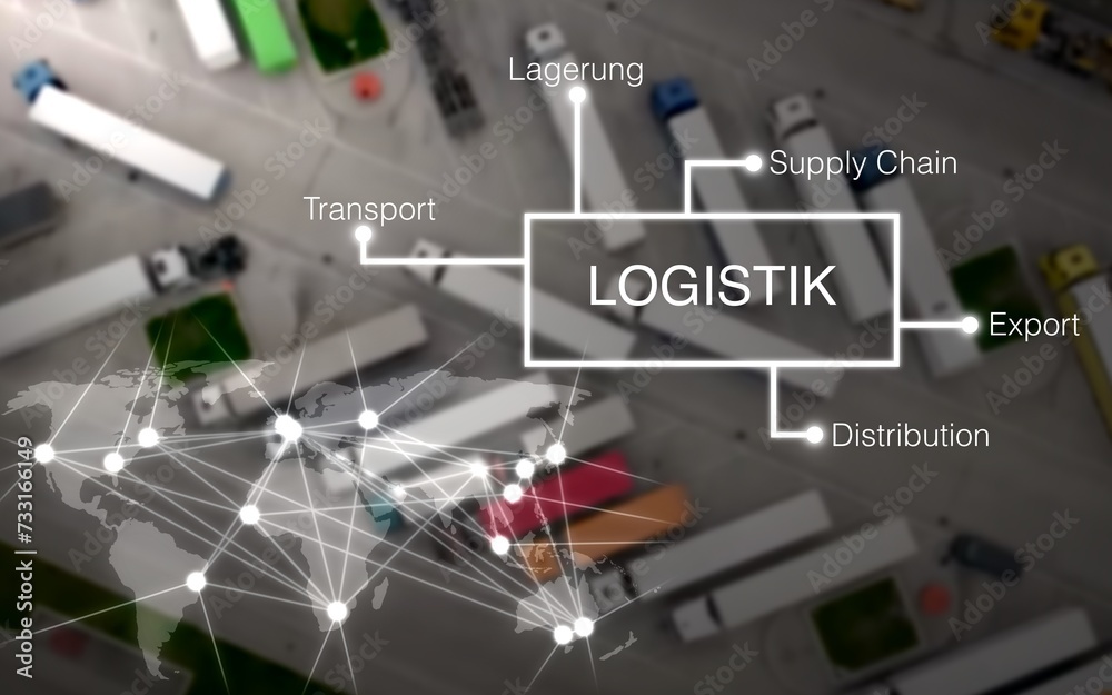 Logistik Konzept im Hintergrund ein Luftbild mit vielen LKWs auf einem ...