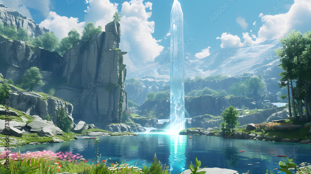 Crystal spire rising from the center of a lake, video game, concept art ...