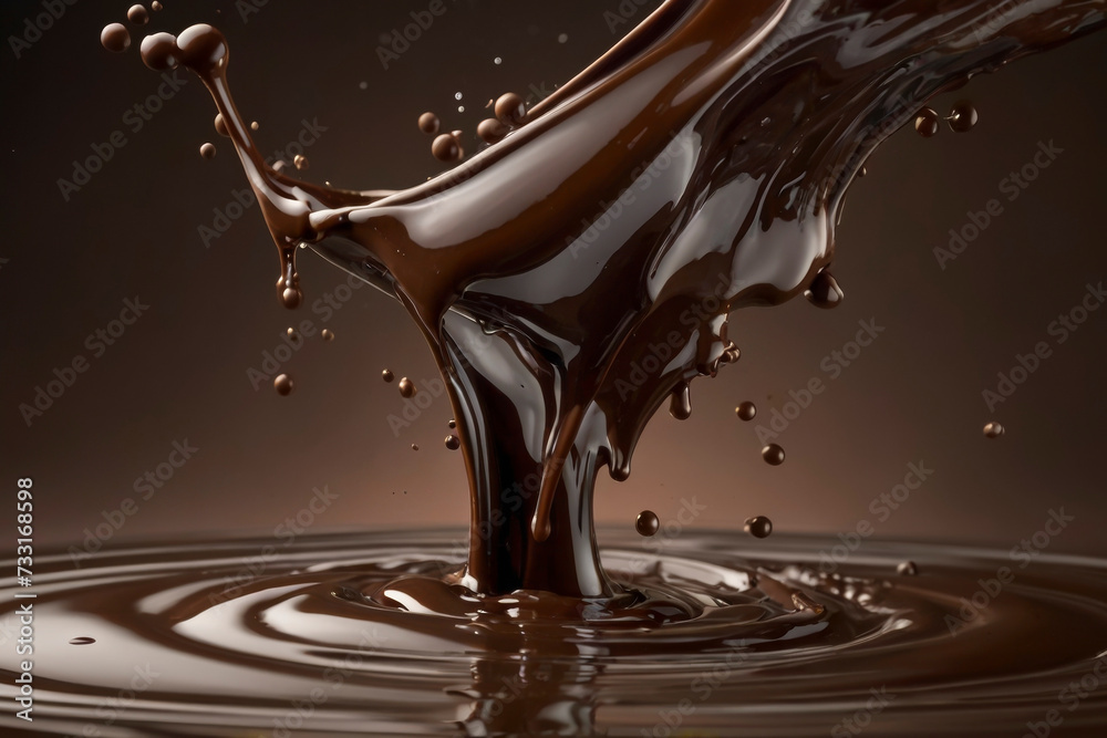 Here you can see a splash of chocolate, drops of which float in a ...