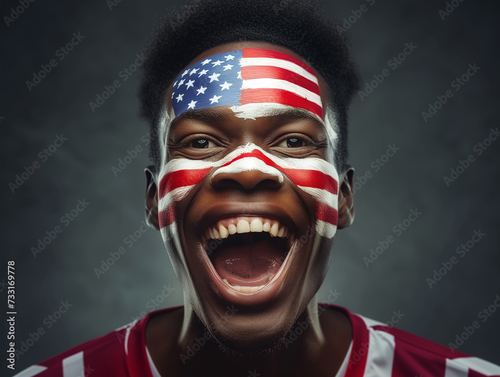 Euphoric National USA Team Fan with painted country flag colors face ...