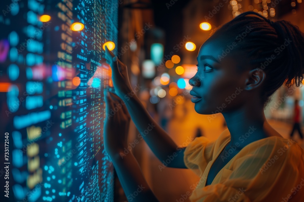 Woman touches interactive cityscape display, showcasing urban planning ...