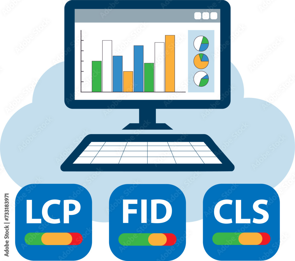 Core Web Vitals concept with computer displaying a set of LCP, FID, CLS metrics. It measures the ...