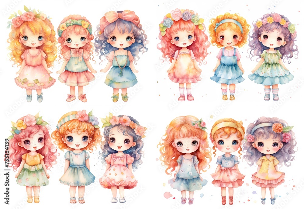 watercolor painting style illustration of cute happy spring girls ...