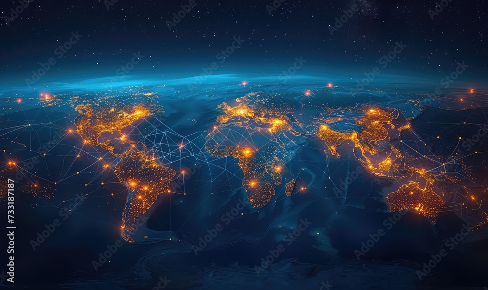 a screen with a digital map of the world with network connections ...