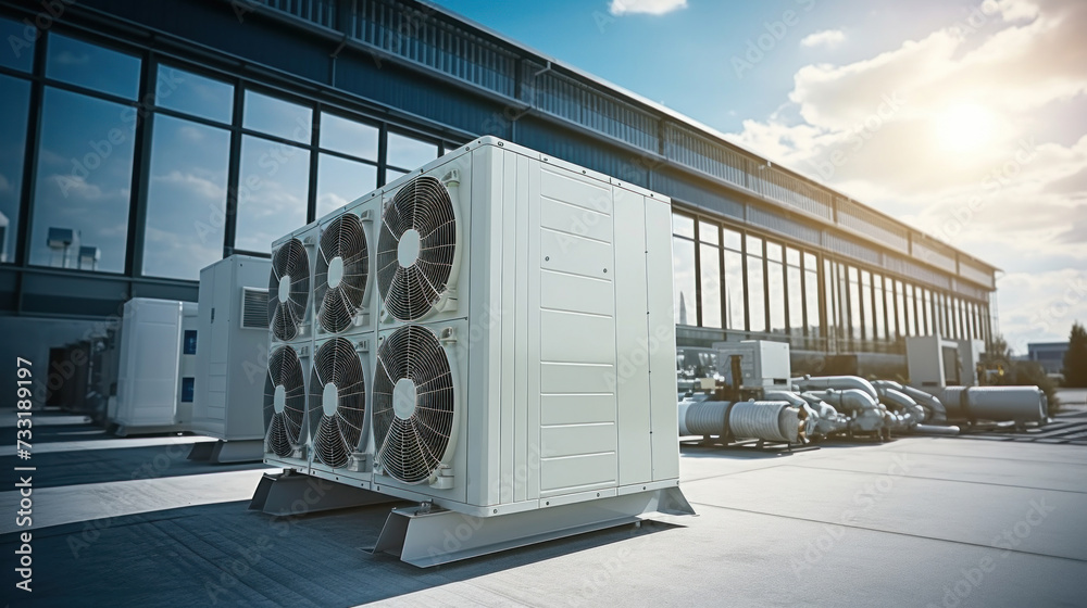 Condenser unit or compressor outside factory plant. Unit of ac air ...