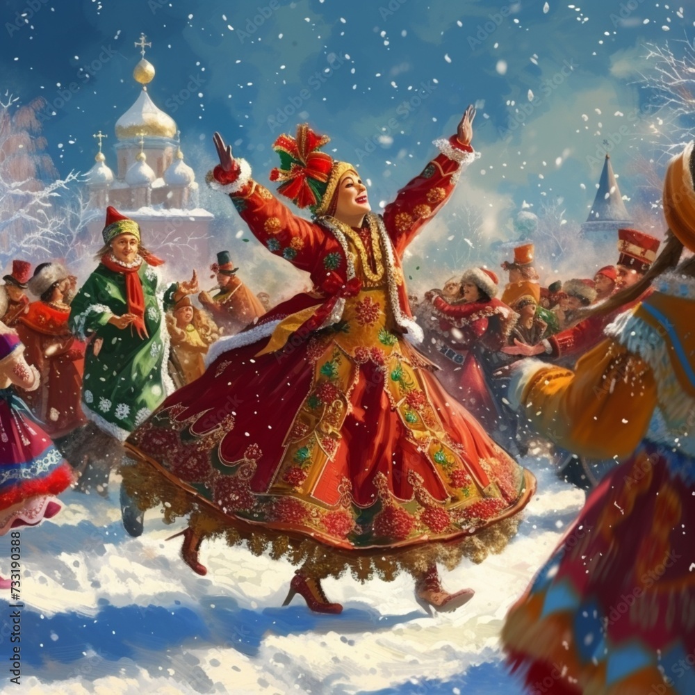 A lively maslenitsa celebration with people dancing in colorful ...