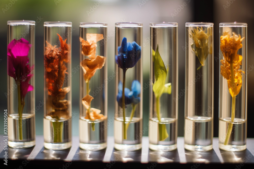 colorful flowers in test tubes, chemical lab, chemistry, science ...