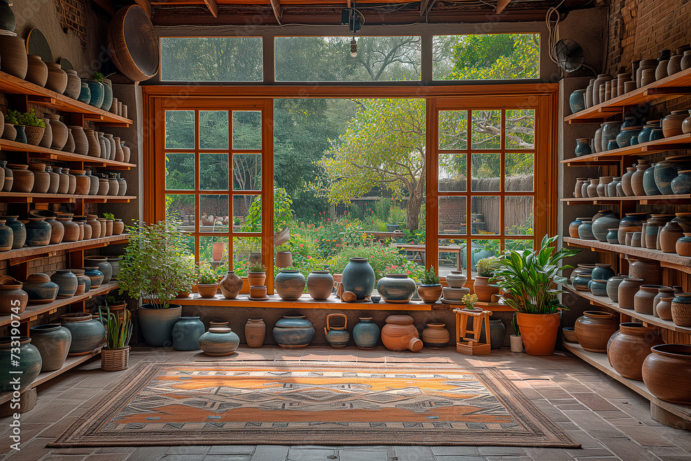 Interior of rustic pottery studio surrounded by nature, highlighting ...