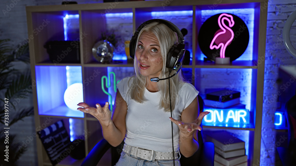 In the heart of a virtual night, a young, attractive blonde woman ...