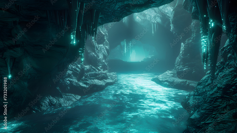 Underground river flowing through a glowing cavern, video game, concept ...