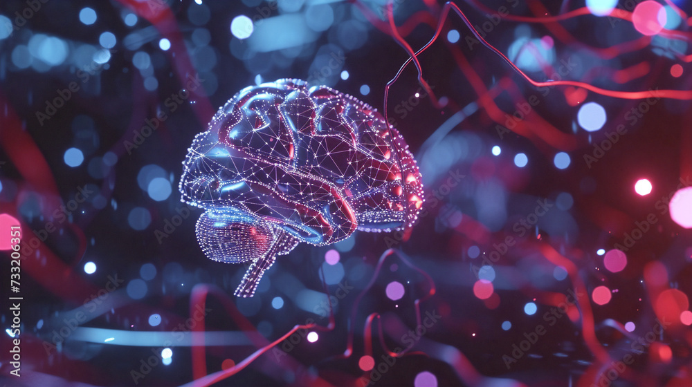 Front view image of brain, Shine background with purple bokeh effect ...
