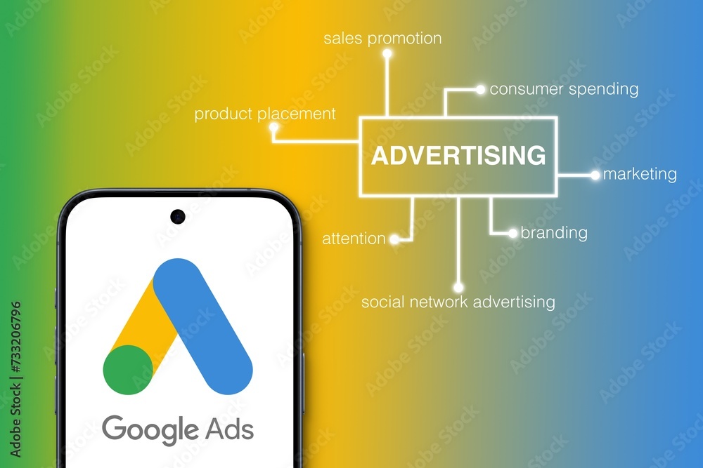 Google Ads logo is displayed on a smartphone, behind a colorful ...