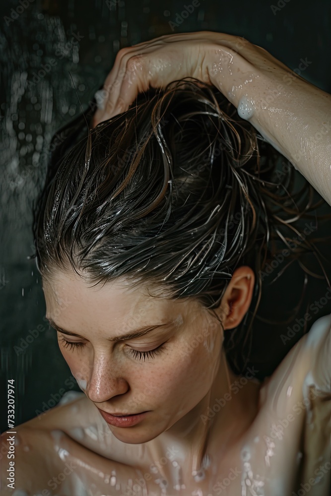 Hair Care Routine Woman Showering Washing Hair Personal Hygiene Refreshing Shower Hair Care