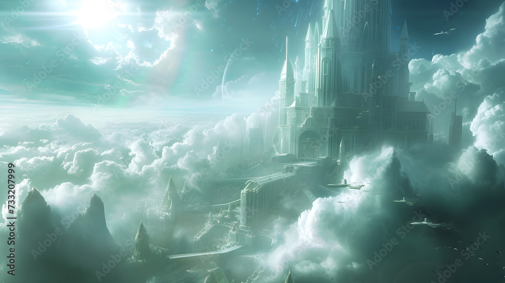 Celestial city in the clouds guarded by angelic beings, video game ...
