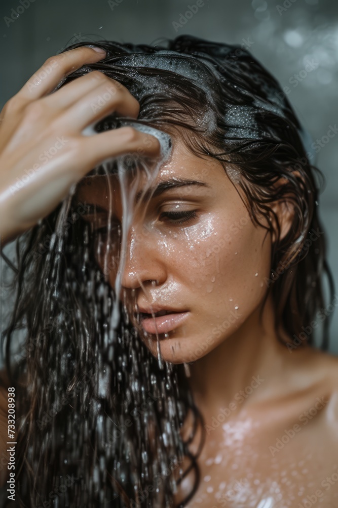 Foto de Hair Care Routine: Woman Showering, Washing Hair, Personal ...