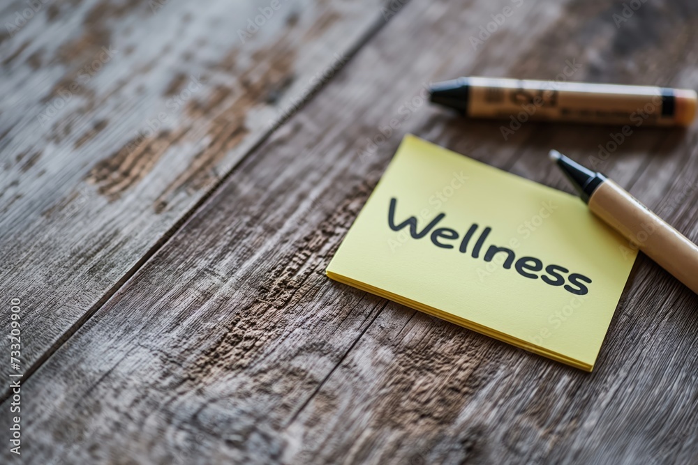 Handwrite " Wellness" on yellow sticky notes on a wooden table ...