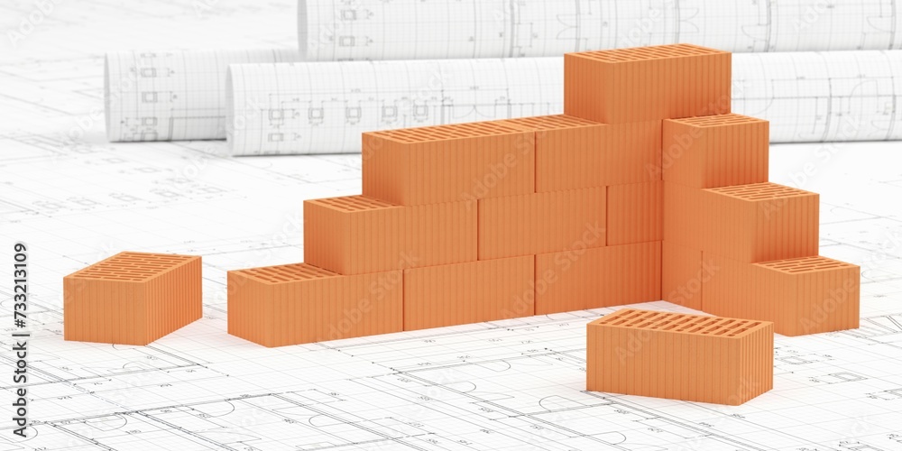 Cornered stack of red brick stones on architectural building with ...