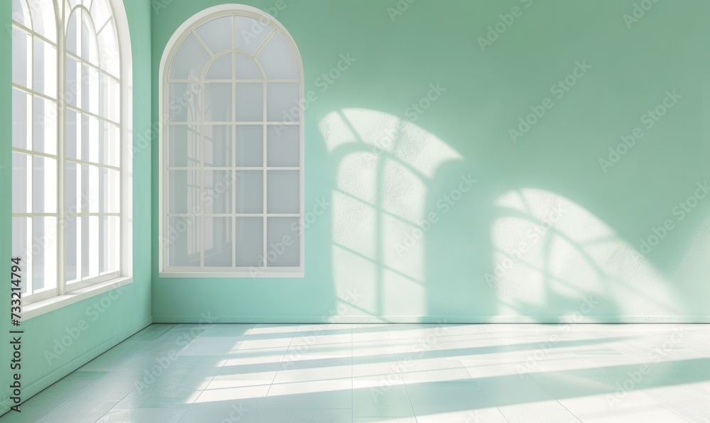 Arched Window Casting Shadows in Mint Room. Mint green room with a ...