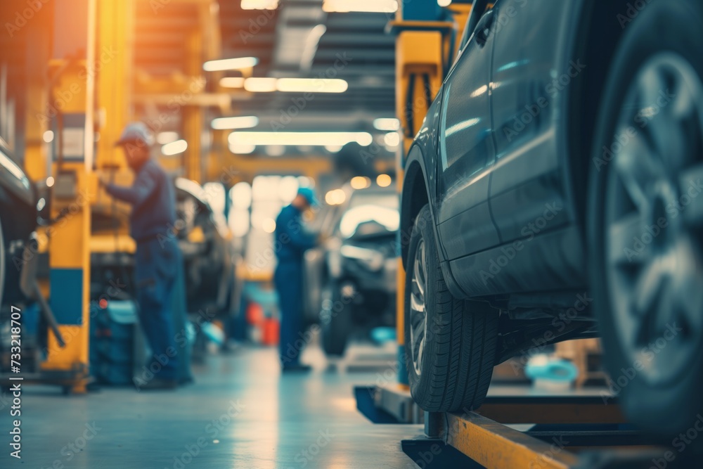 A car service station scene with mechanics working at car lifted on a ...