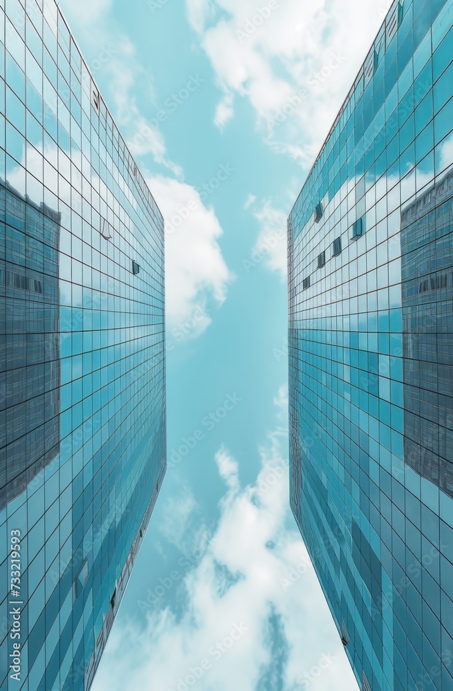 Bottom view of two buildings facing symmetrically leaving white space ...