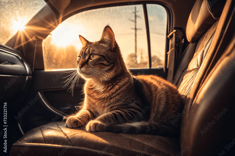 Traveling with a cat by car. Trip on a tour with pets. Transporting a ...
