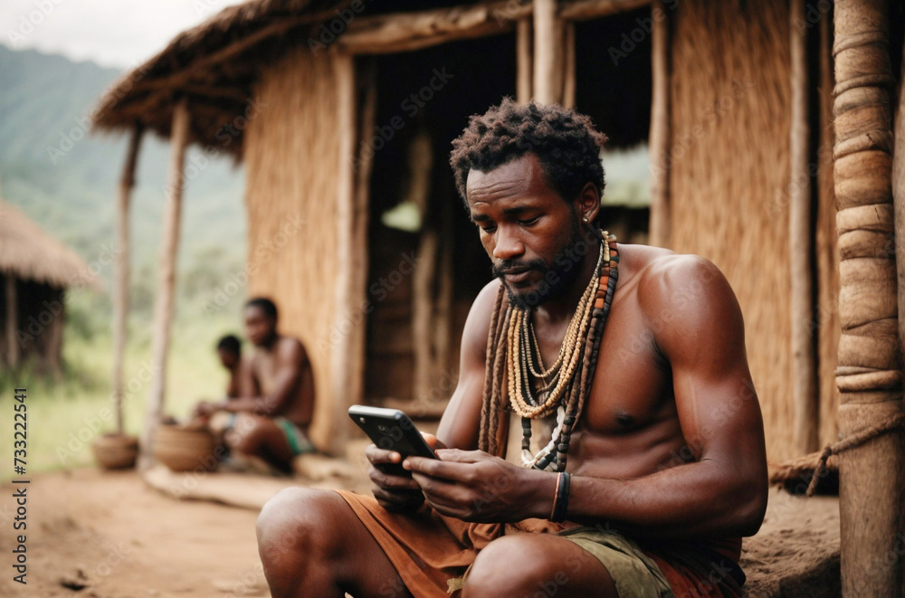 Black Papuan African playing with modern smartphone. Concept of ...