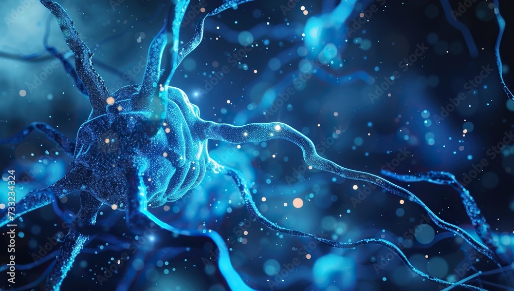 Glowing blue neuron on a dark background with microparticles. The ...