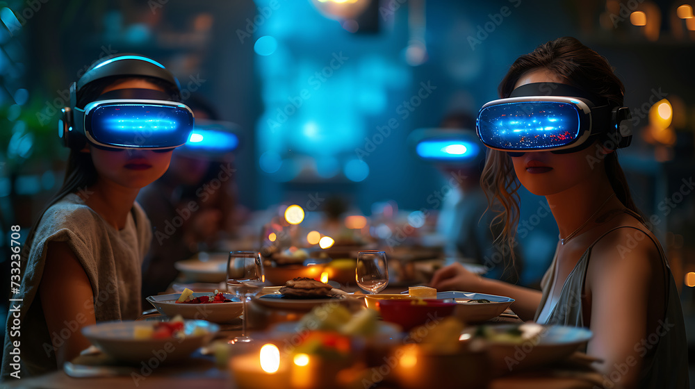 People having dinner in the dining futuristic room using vr glasses ...