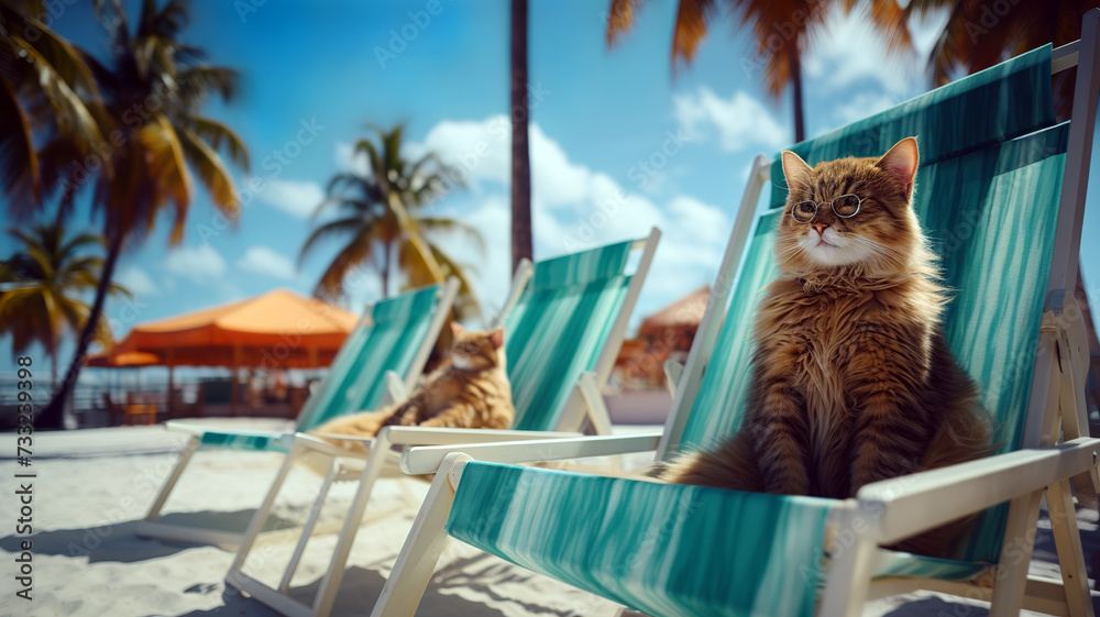 The image is a humorous take on relaxation, depicting cats in ...