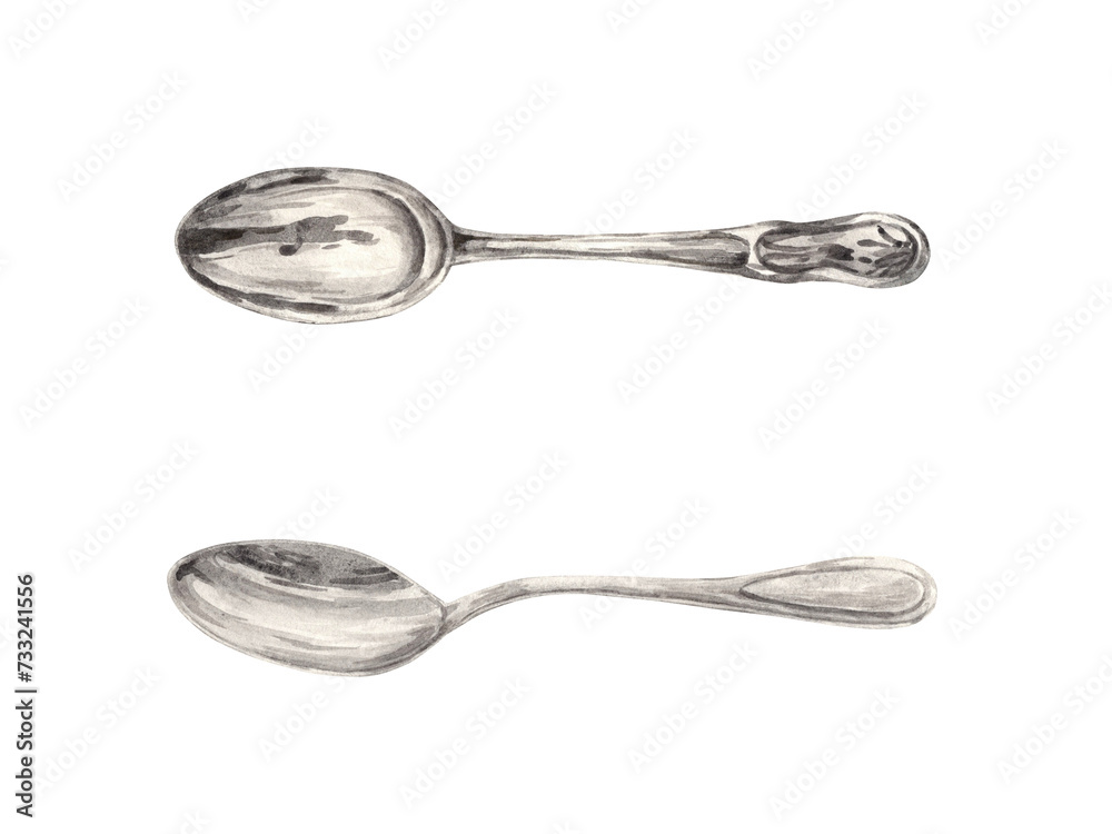 Watercolor drawing of silver vintage teaspoons. Illustration hand drawn ...