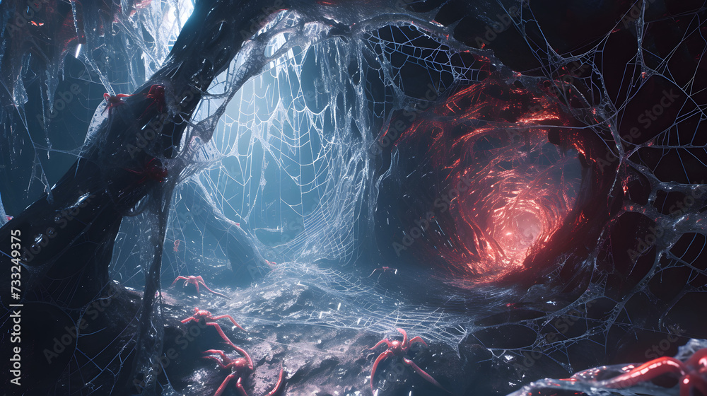Massive spider web-covered cavern with arachnid enemies, video game ...
