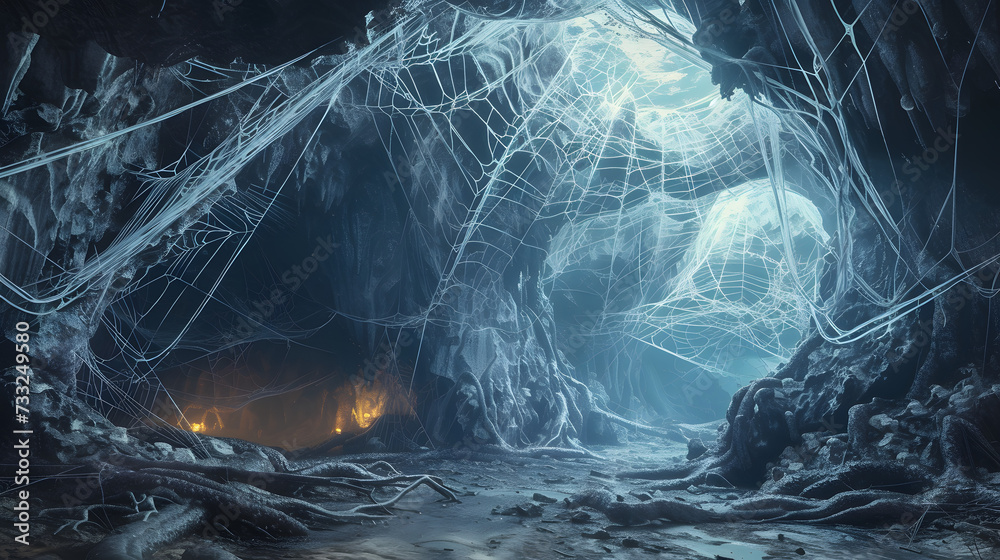 Massive spider web-covered cavern with arachnid enemies, video game, concept art, concept ...