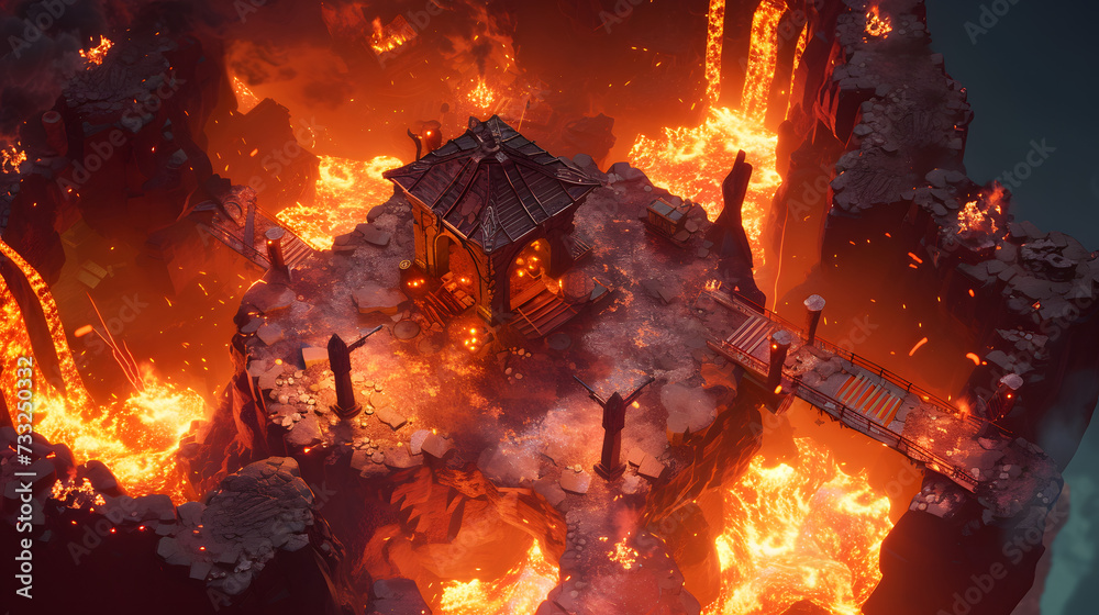 The forge of a legendary blacksmith surrounded by lava, video game ...