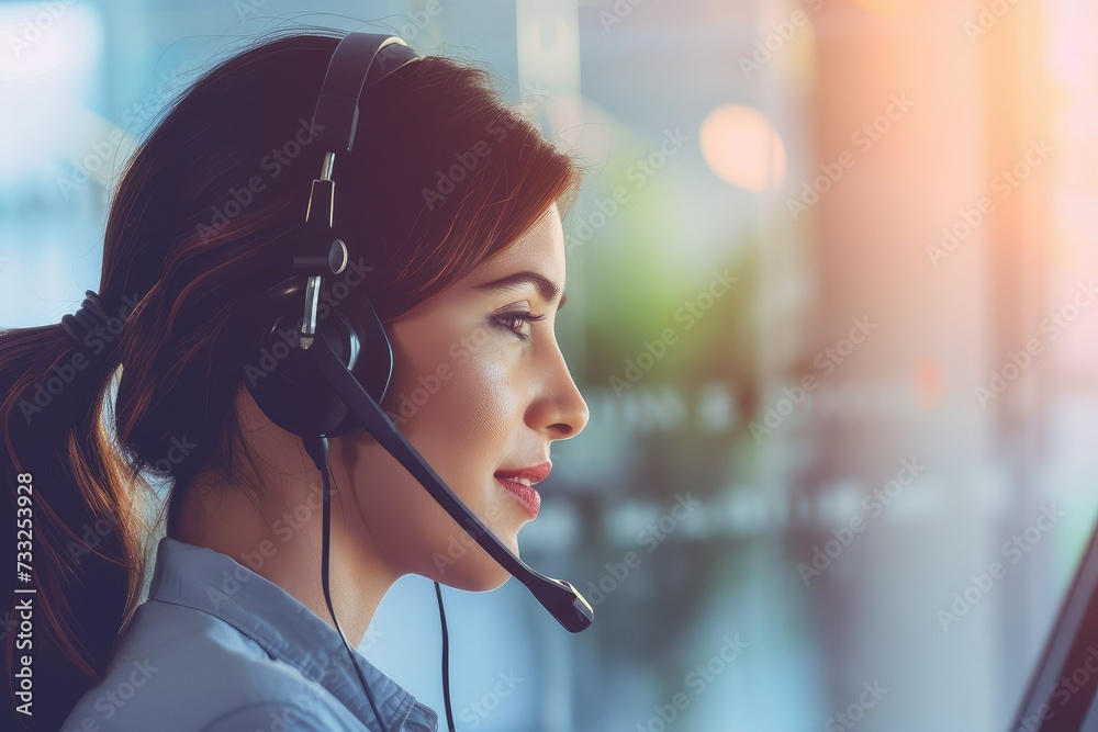 A women wearing a headset and talking on a phone in a call. Helpdesk ...
