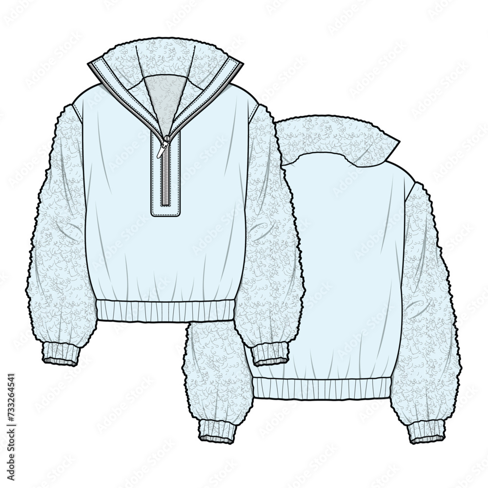 Women shearling jacket quarter zip front and back view technical flat ...