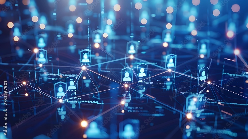 A digital network illustration depicting interconnected user profiles ...