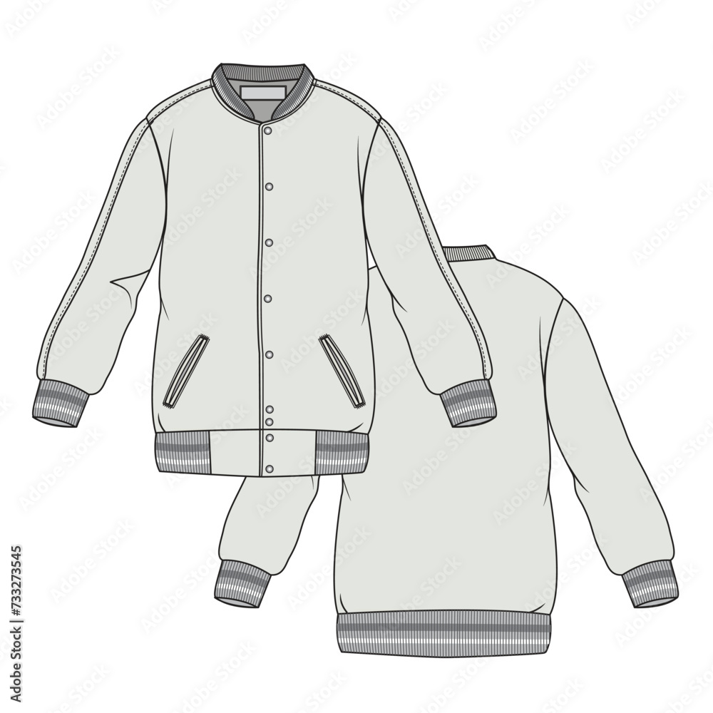 Varsity jacket front and back view technical flat drawing vector ...