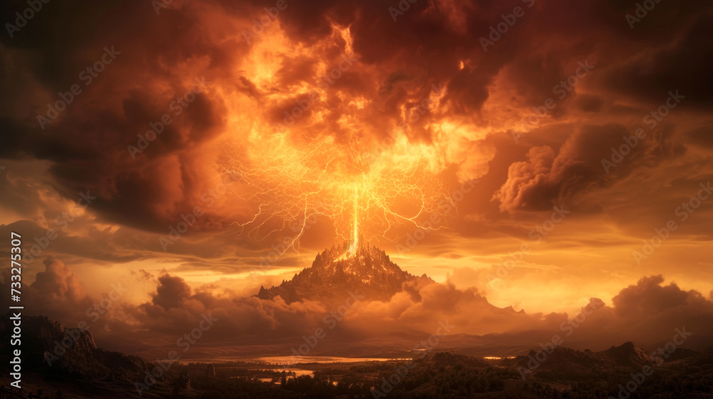 Citadel of evil forces and pillar of fire, dark lifeless landscape ...