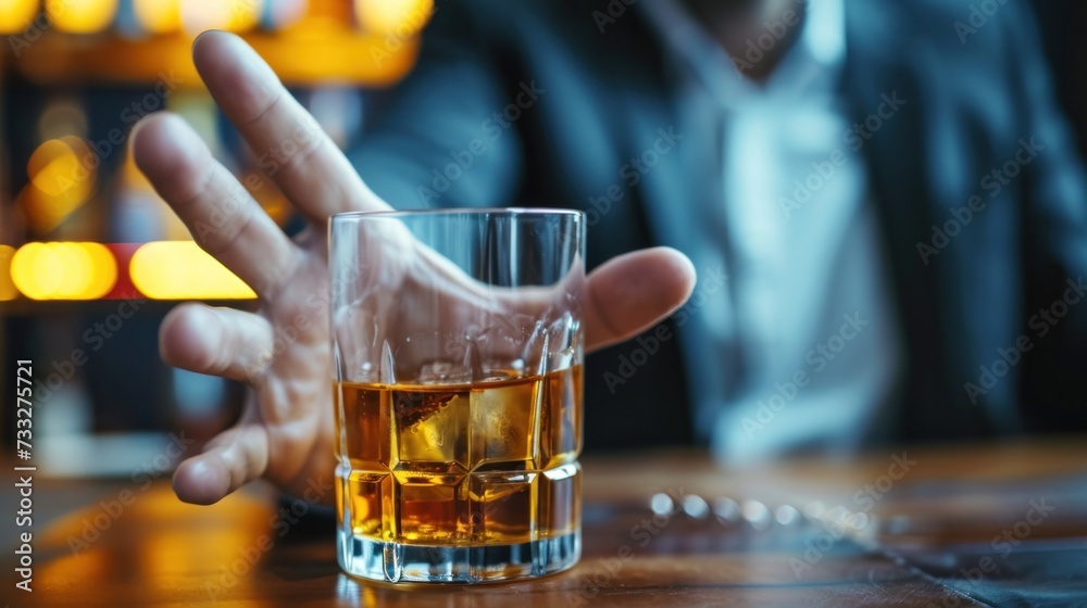 man refuses say no and avoid to drink an alcohol whiskey , stopping ...