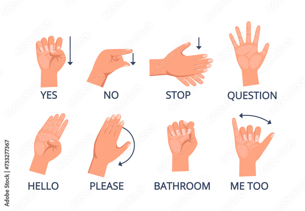 Hand gestures set showing basic words and phrases. Vector illustration ... Hand gestures set showing basic words and phrases. Vector illustration ...