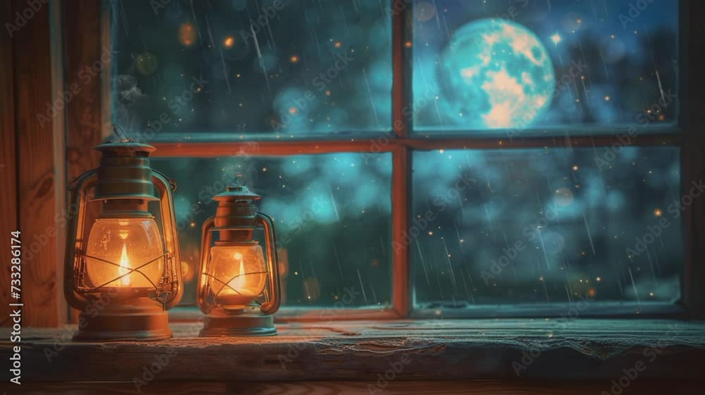 Vidéo Stock Antique oil lamp and moonlit window with beautiful ...